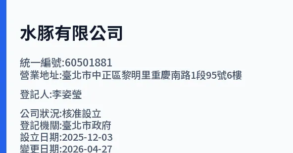水豚有限公司的照片-統編 60501881(臺北市) 公司登記資料與營業項目詳細圖表