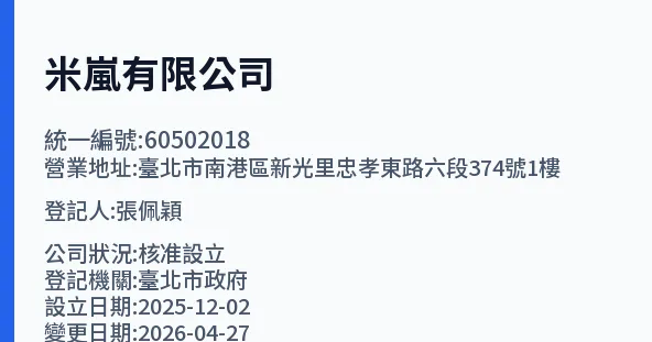 米嵐有限公司的照片-統編 60502018(臺北市) 公司登記資料與營業項目詳細圖表