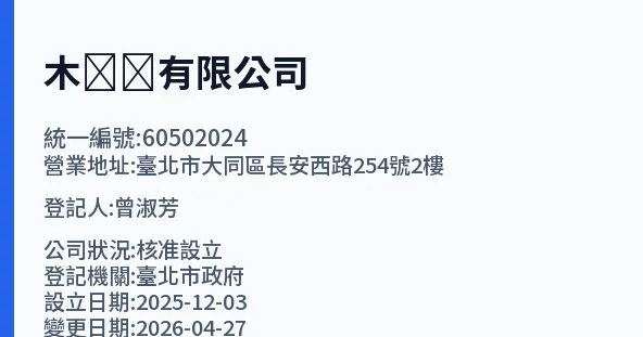 木穼㝝有限公司的照片-統編 60502024(臺北市) 公司登記資料與營業項目詳細圖表