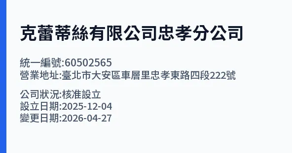 克蕾蒂絲有限公司忠孝分公司的照片-統編 60502565(臺北市) 公司登記資料與營業項目詳細圖表