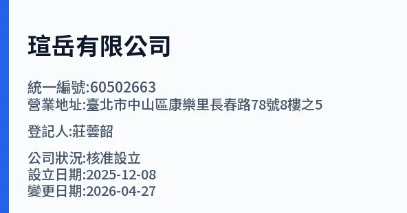 瑄岳有限公司的照片-統編 60502663(臺北市) 公司登記資料與營業項目詳細圖表
