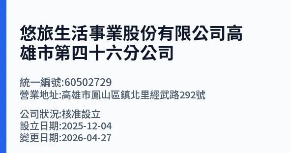 悠旅生活事業股份有限公司高雄市第四十六分公司的照片-統編 60502729(高雄市) 公司登記資料與營業項目詳細圖表