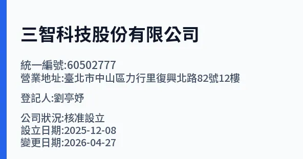 三智科技股份有限公司的照片-統編 60502777(臺北市) 公司登記資料與營業項目詳細圖表