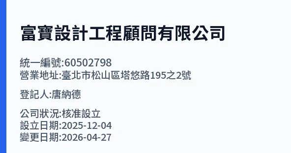 富寶設計工程顧問有限公司的照片-統編 60502798(臺北市) 公司登記資料與營業項目詳細圖表