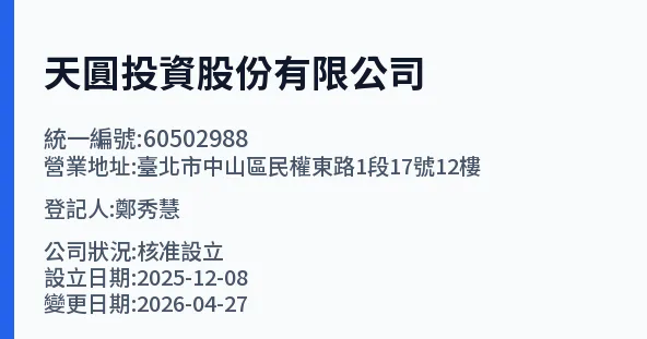 天圓投資股份有限公司的照片-統編 60502988(臺北市) 公司登記資料與營業項目詳細圖表