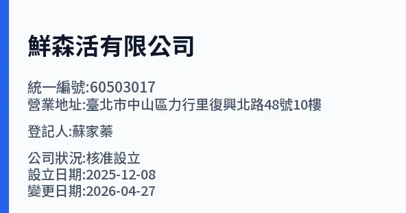 鮮森活有限公司的照片-統編 60503017(臺北市) 公司登記資料與營業項目詳細圖表