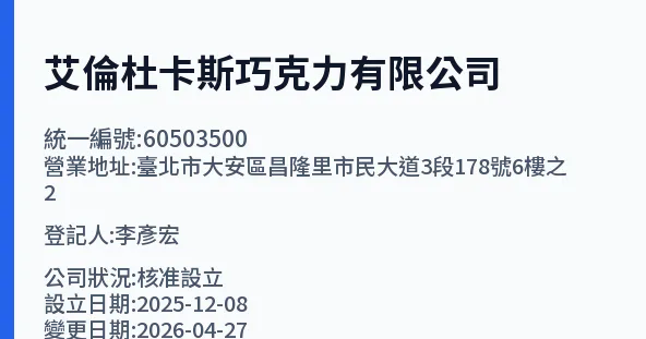 艾倫杜卡斯巧克力有限公司的照片-統編 60503500(臺北市) 公司登記資料與營業項目詳細圖表