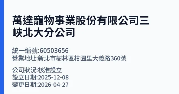 萬達寵物事業股份有限公司三峽北大分公司的照片-統編 60503656(新北市) 公司登記資料與營業項目詳細圖表