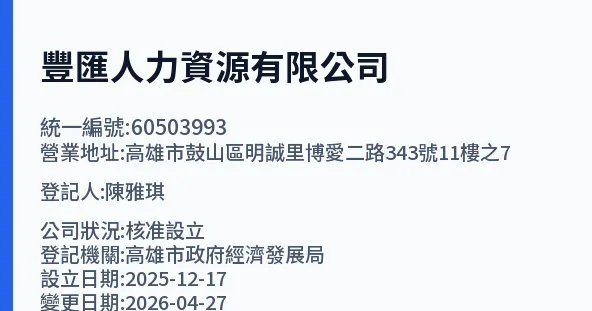 豐匯人力資源有限公司的照片-統編 60503993(高雄市) 公司登記資料與營業項目詳細圖表