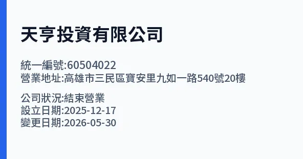 天亨投資有限公司的照片-統編 60504022 公司登記資料與營業項目詳細圖表