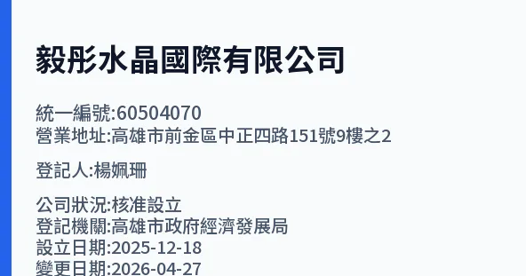毅彤水晶國際有限公司的照片-統編 60504070(高雄市) 公司登記資料與營業項目詳細圖表