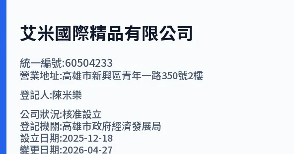 艾米國際精品有限公司的照片-統編 60504233(高雄市) 公司登記資料與營業項目詳細圖表