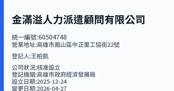 金滿溢人力派遣顧問有限公司的照片-統編 60504748(高雄市) 公司登記資料與營業項目詳細圖表