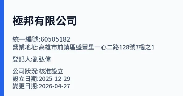 極邦有限公司的照片-統編 60505182(高雄市) 公司登記資料與營業項目詳細圖表