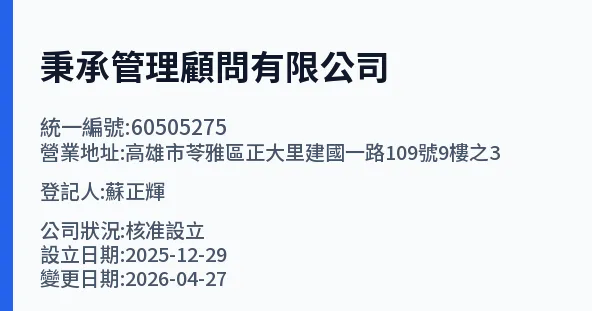 秉承管理顧問有限公司的照片-統編 60505275(高雄市) 公司登記資料與營業項目詳細圖表