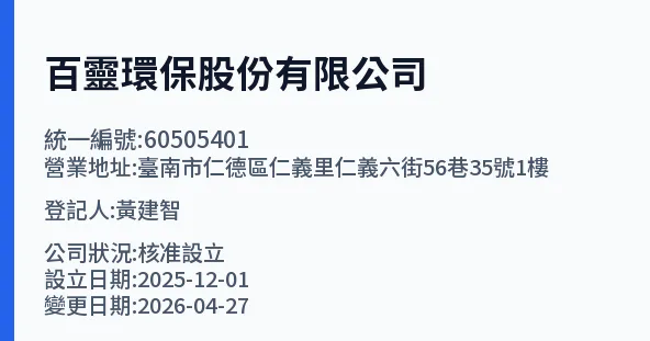 百靈環保股份有限公司的照片-統編 60505401(臺南市) 公司登記資料與營業項目詳細圖表