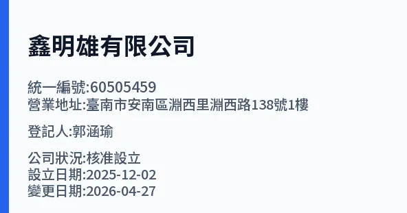 鑫明雄有限公司的照片-統編 60505459(臺南市) 公司登記資料與營業項目詳細圖表
