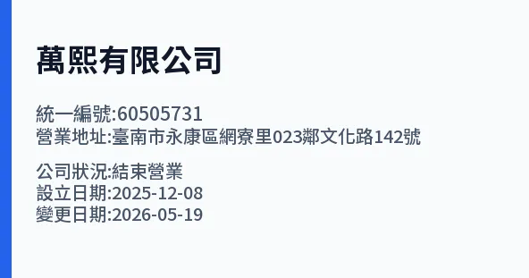 萬熙有限公司的照片-統編 60505731(臺南市) 公司登記資料與營業項目詳細圖表