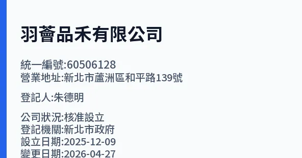 羽薈品禾有限公司的照片-統編 60506128(新北市) 公司登記資料與營業項目詳細圖表