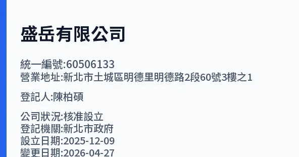 盛岳有限公司的照片-統編 60506133(新北市) 公司登記資料與營業項目詳細圖表
