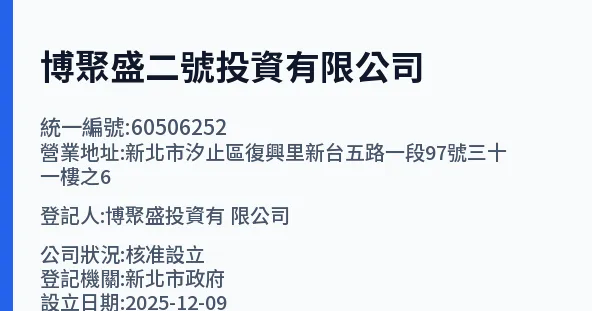 博聚盛二號投資有限公司的照片-統編 60506252(新北市) 公司登記資料與營業項目詳細圖表