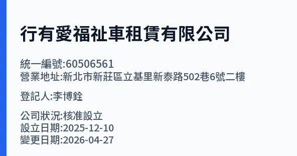 行有愛福祉車租賃有限公司的照片-統編 60506561(新北市) 公司登記資料與營業項目詳細圖表