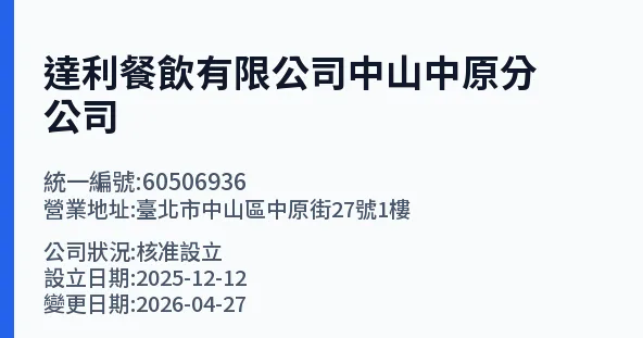 達利餐飲有限公司中山中原分公司的照片-統編 60506936(臺北市) 公司登記資料與營業項目詳細圖表