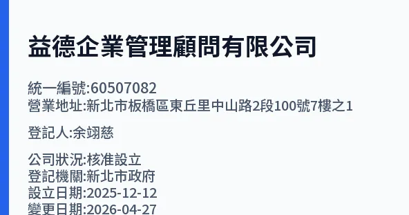益德企業管理顧問有限公司的照片-統編 60507082(新北市) 公司登記資料與營業項目詳細圖表