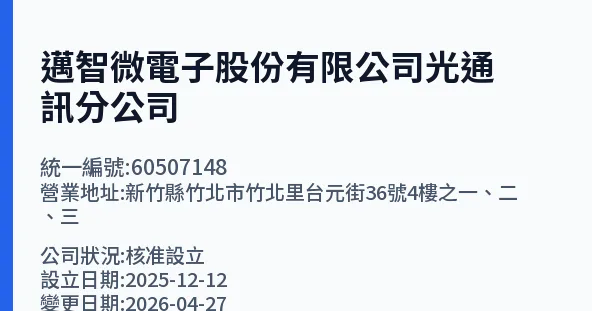 邁智微電子股份有限公司光通訊分公司的照片-統編 60507148(新竹縣) 公司登記資料與營業項目詳細圖表