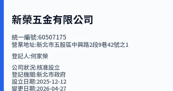 新榮五金有限公司的照片-統編 60507175(新北市) 公司登記資料與營業項目詳細圖表