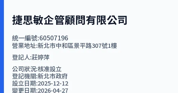 捷思敏企管顧問有限公司的照片-統編 60507196(新北市) 公司登記資料與營業項目詳細圖表