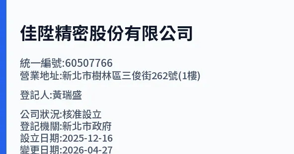 佳陞精密股份有限公司的照片-統編 60507766(新北市) 公司登記資料與營業項目詳細圖表