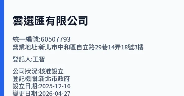 雲選匯有限公司的照片-統編 60507793(新北市) 公司登記資料與營業項目詳細圖表