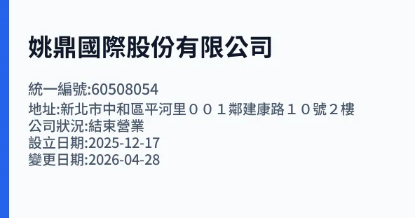姚鼎國際股份有限公司的照片-統編 60508054(新北市) 公司登記資料與營業項目詳細圖表