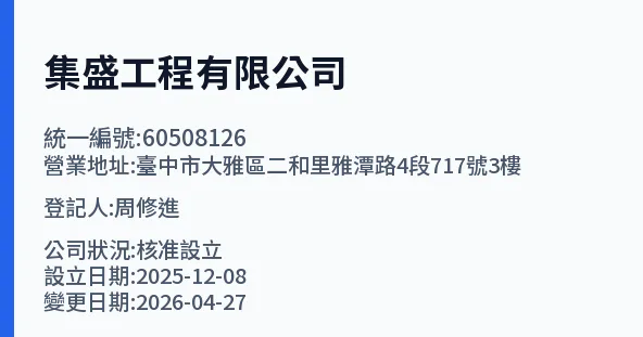 集盛工程有限公司的照片-統編 60508126(臺中市) 公司登記資料與營業項目詳細圖表