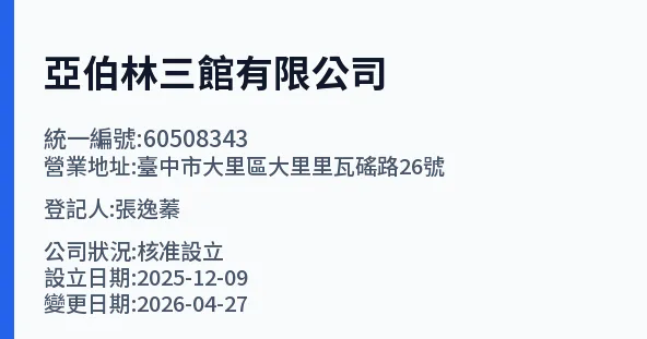 亞伯林三館有限公司的照片-統編 60508343(臺中市) 公司登記資料與營業項目詳細圖表