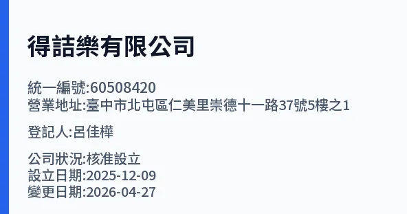 得詰樂有限公司的照片-統編 60508420(臺中市) 公司登記資料與營業項目詳細圖表