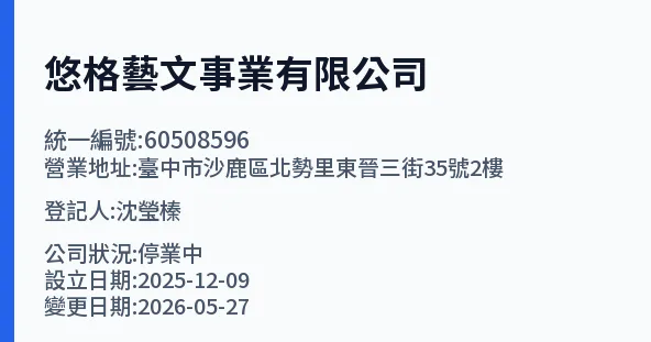 悠格藝文事業有限公司的照片-統編 60508596(臺中市) 公司登記資料與營業項目詳細圖表