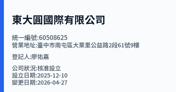 東大圓國際有限公司的照片-統編 60508625(臺中市) 公司登記資料與營業項目詳細圖表