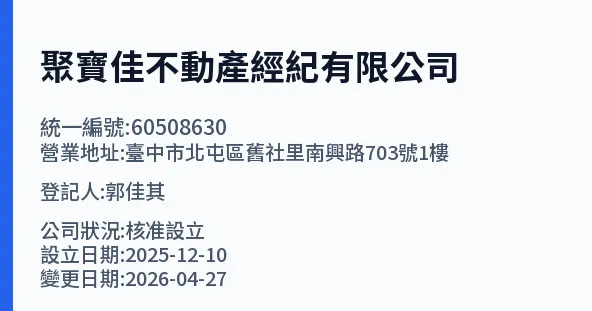 聚寶佳不動產經紀有限公司的照片-統編 60508630(臺中市) 公司登記資料與營業項目詳細圖表