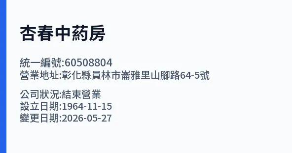 杏春中葯房的照片-統編 60508804(彰化縣) 公司登記資料與營業項目詳細圖表