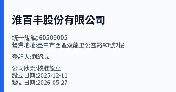 淮百丰股份有限公司的照片-統編 60509005(臺中市) 公司登記資料與營業項目詳細圖表