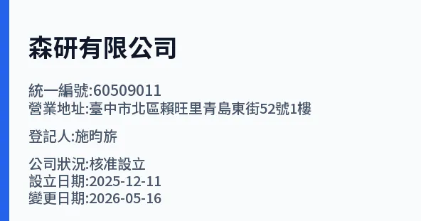 森研有限公司的照片-統編 60509011(臺中市) 公司登記資料與營業項目詳細圖表