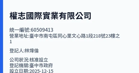 權志國際實業有限公司的照片-統編 60509413(臺中市) 公司登記資料與營業項目詳細圖表