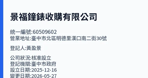 景福鐘錶收購有限公司的照片-統編 60509602(臺中市) 公司登記資料與營業項目詳細圖表