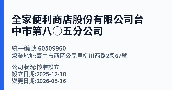 全家便利商店股份有限公司台中市第八○五分公司的照片-統編 60509960(臺中市) 公司登記資料與營業項目詳細圖表