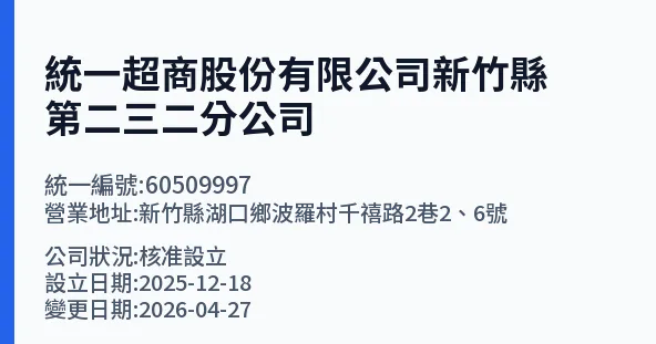 統一超商股份有限公司新竹縣第二三二分公司的照片-統編 60509997(新竹縣) 公司登記資料與營業項目詳細圖表