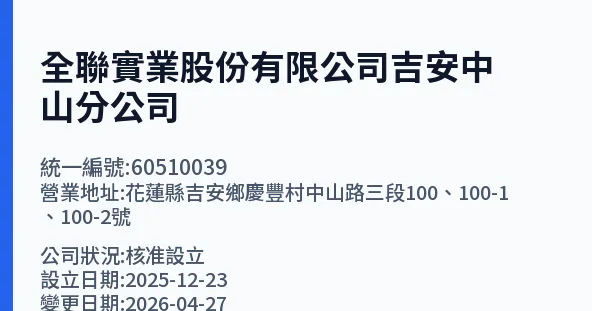 全聯實業股份有限公司吉安中山分公司的照片-統編 60510039(花蓮縣) 公司登記資料與營業項目詳細圖表