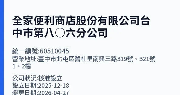 全家便利商店股份有限公司台中市第八○六分公司的照片-統編 60510045(臺中市) 公司登記資料與營業項目詳細圖表