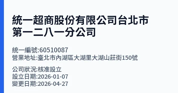 統一超商股份有限公司台北市第一二八一分公司的照片-統編 60510087(臺北市) 公司登記資料與營業項目詳細圖表